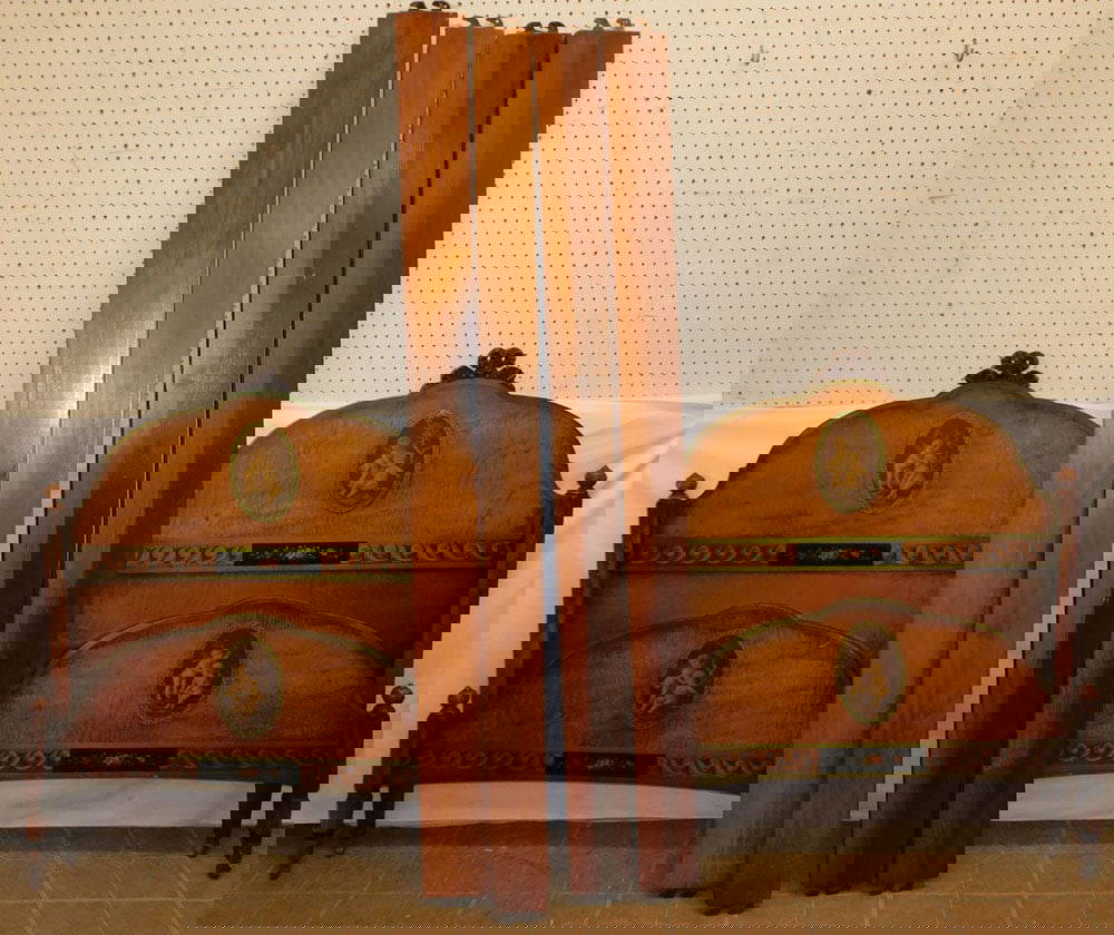 Pair Adams Paint Decorated Yew Wood Single Beds With Rails Auction