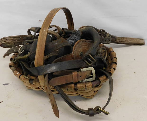 Antique Split Oak Basket With Leather Horse Harness Items
