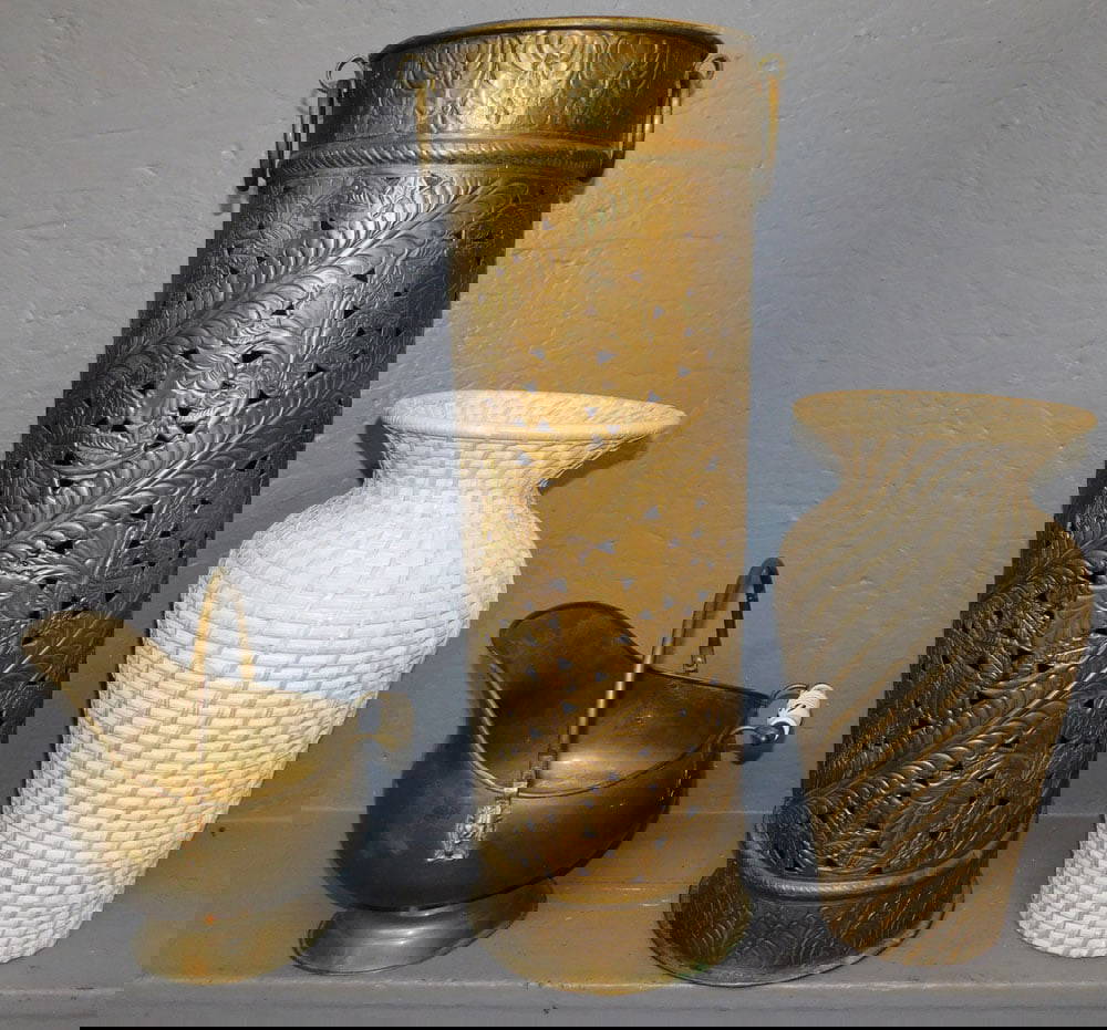 Brass Umbrella Stand - Wicker Basket - Brass Coal Scuttle Auction