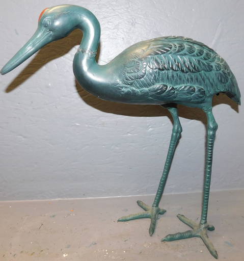 Painted Metal Heron Statue, (neck Restored)