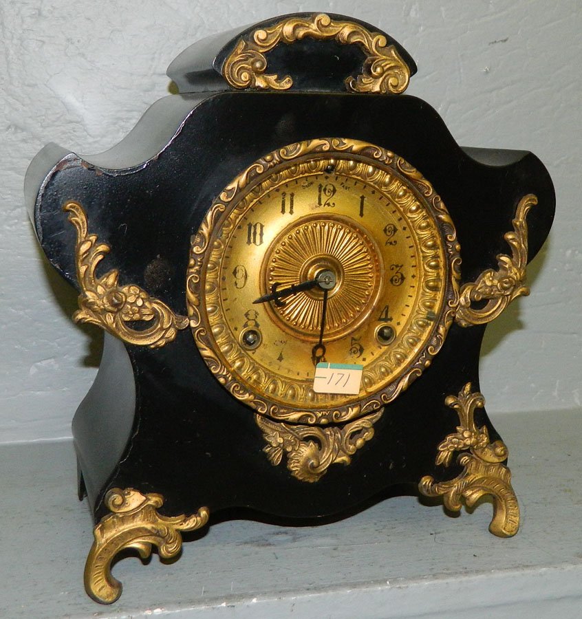 Ansonia Metal Case 8 Day Clock W/ Brass Detail.
