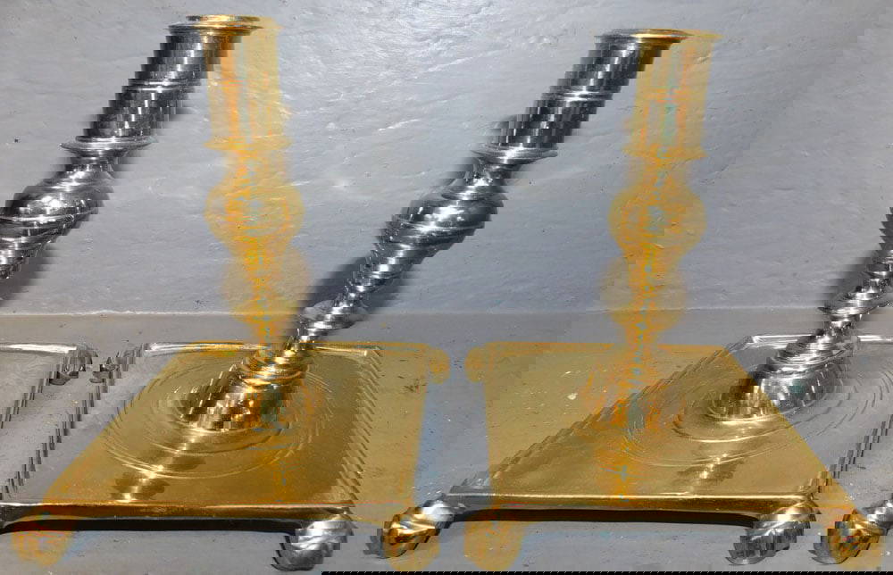 Pair Of Square Base Brass Candlesticks By Colonial Williamsburg Va ...