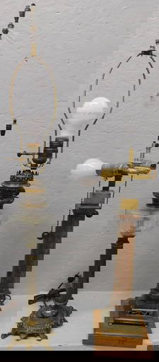 Oak Gilded Metal Column Lamp & Brass Glass Font Banquet Lamp