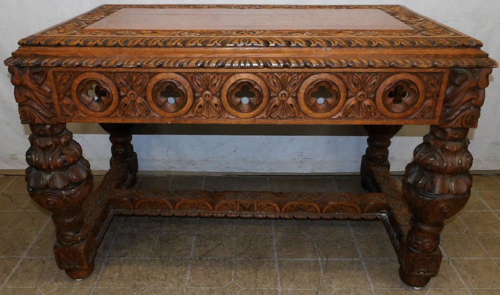 Antique Oak Carved Library Table