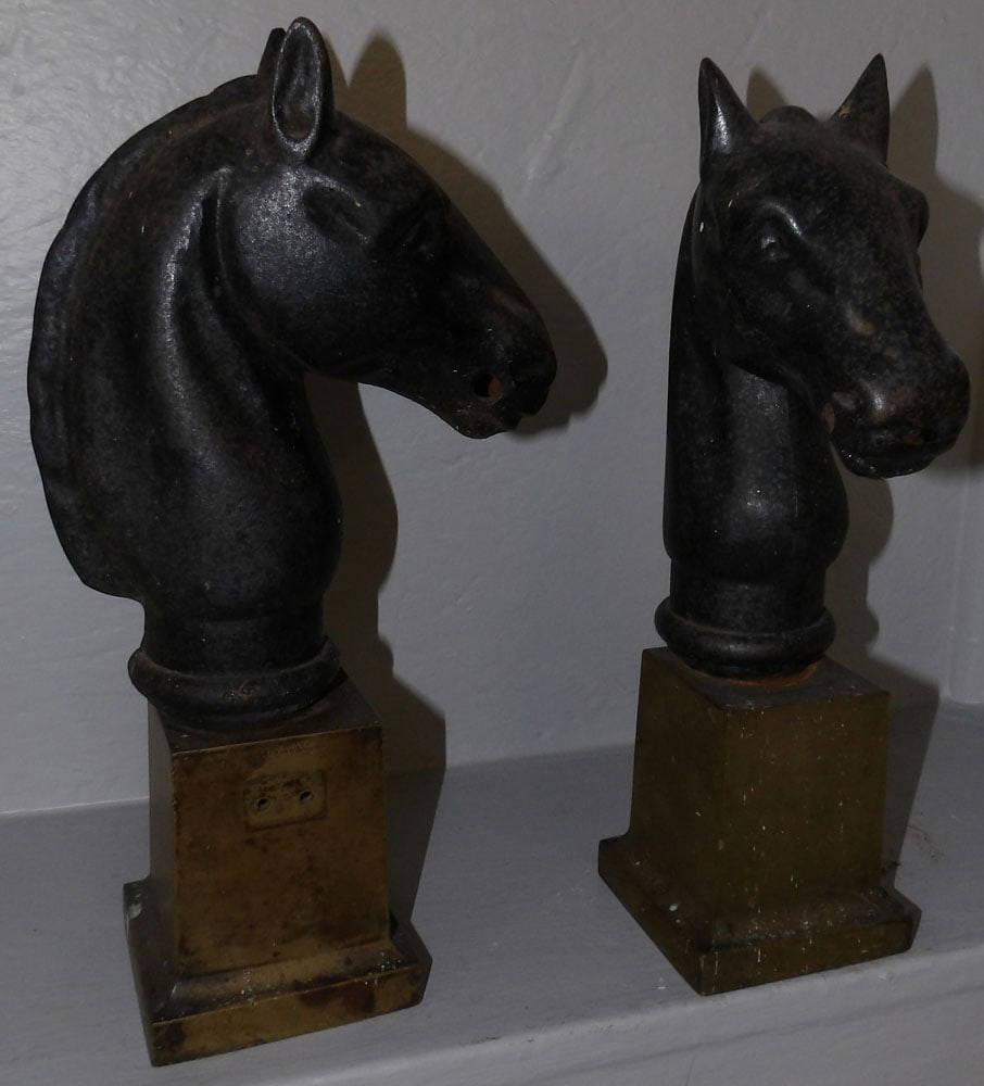 Pair Of Cast Iron & Bronze Horse Head Hitching Post Statues Auction