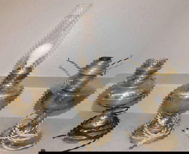 Three Nickel Silver Plated Oil Lamps, (rayo & Aladdin)