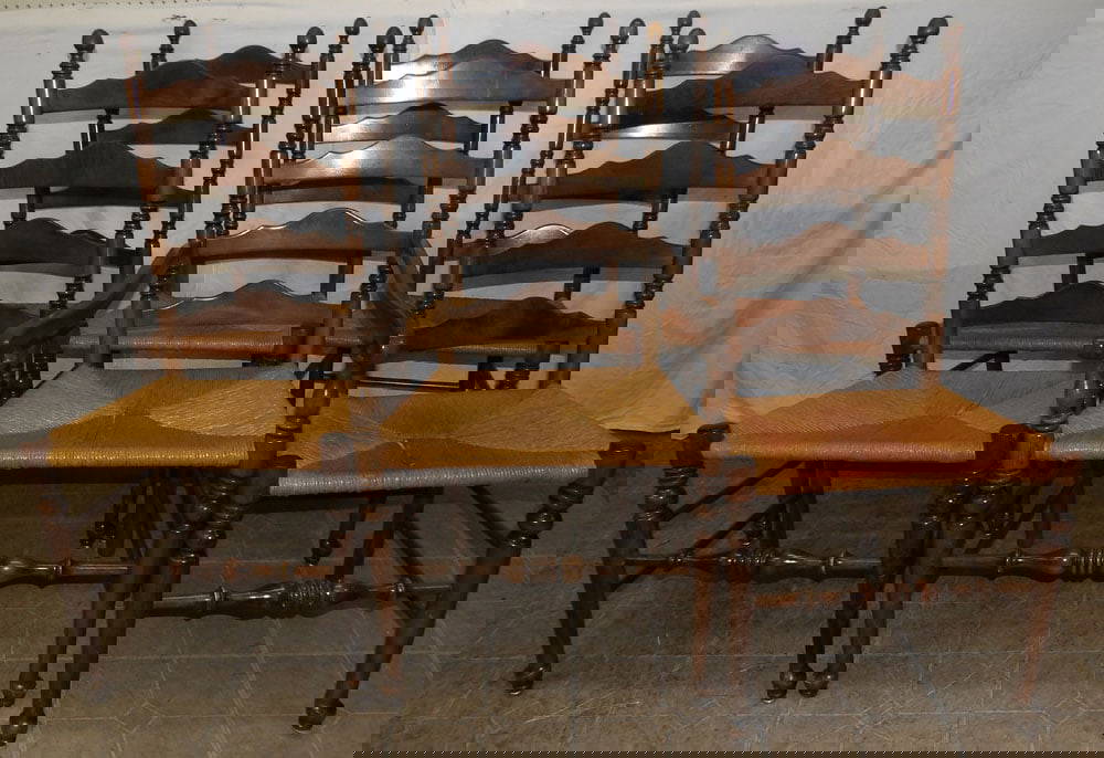 Set Of Six Cherry Ladder Back Dining Chairs With Rush Seats Auction