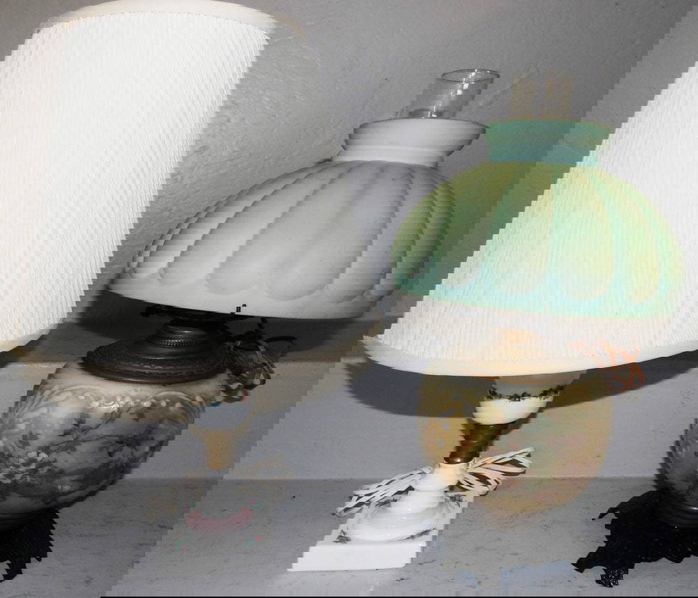 2 Antique Painted Glass Lamps Auction