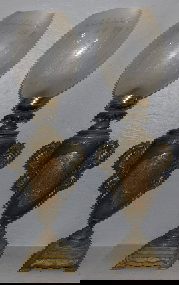 Pair Of Antique Bronze Astro Lamps With Frosted Shades Auction