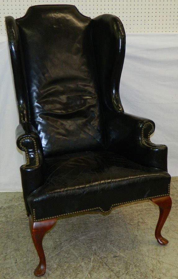 Black Leather Kittinger Wing Chair. 49" Tall.