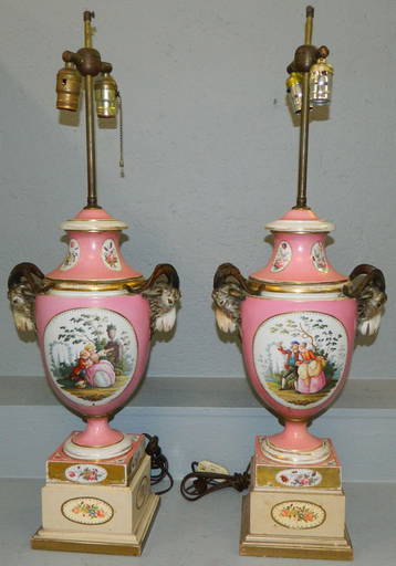 Pr. Old Paris Rams' Head Urns Converted To Lamps