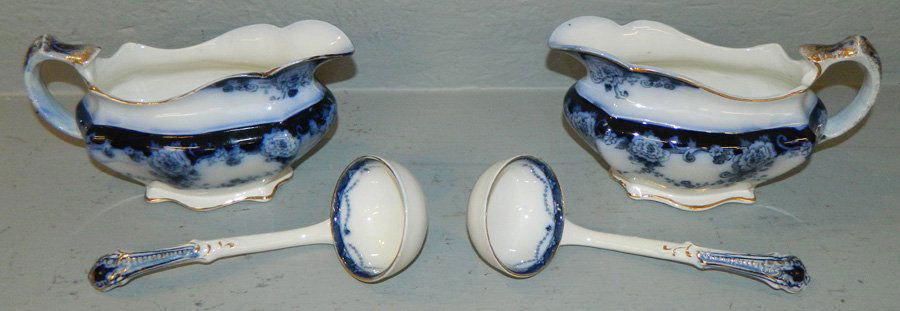 2 Myott & Son Flow Blue Gravy Boats With Ladles.
