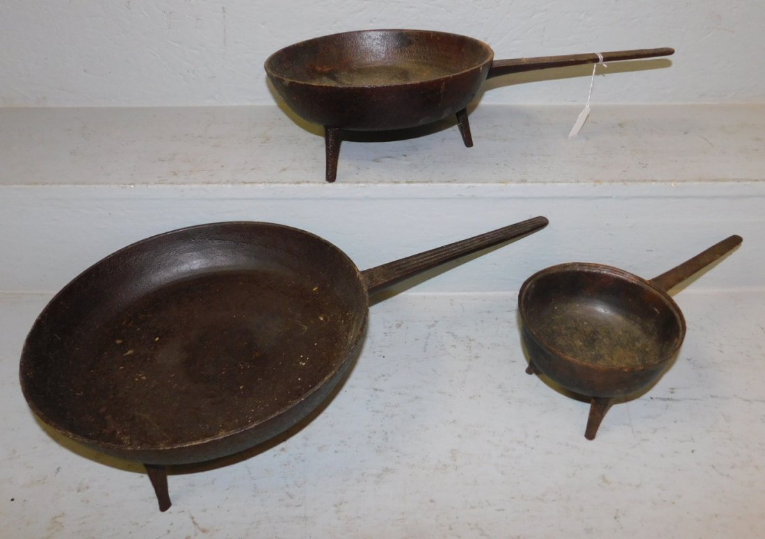 3 Cast Iron Spider Skillets. 12" To 20" Long.