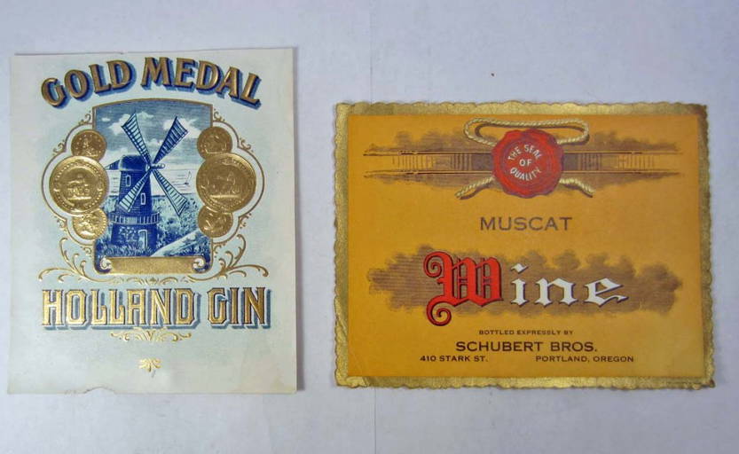 Lot Of 2 Early Alcohol Distillery Labels Wine & Gin