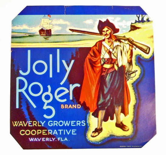 Vintage Jolly Roger Pirate Ship Orange Crate