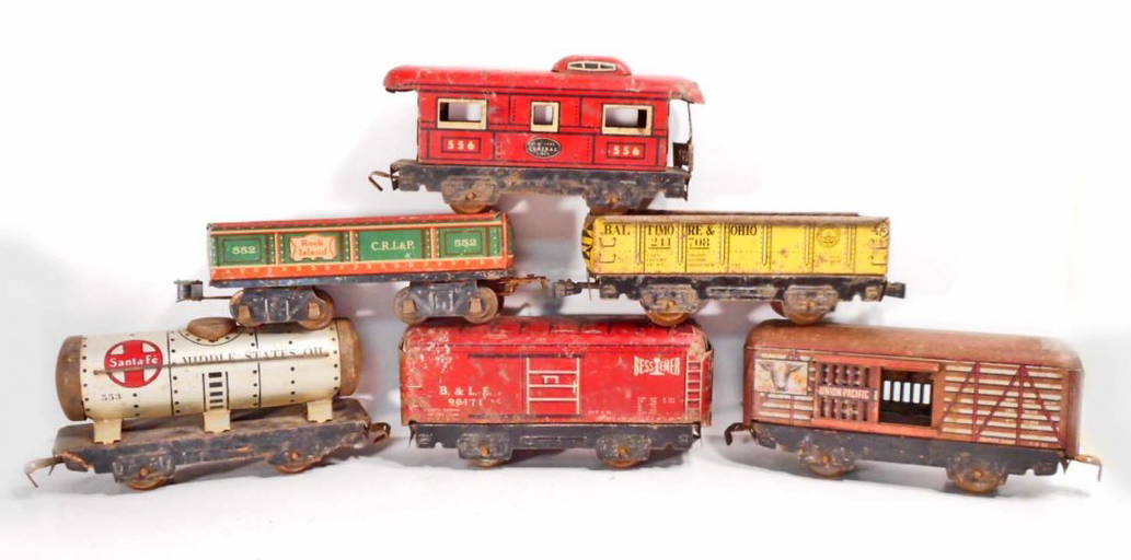 Lot Of 6 Vintage Tin Litho Marx Train Cars