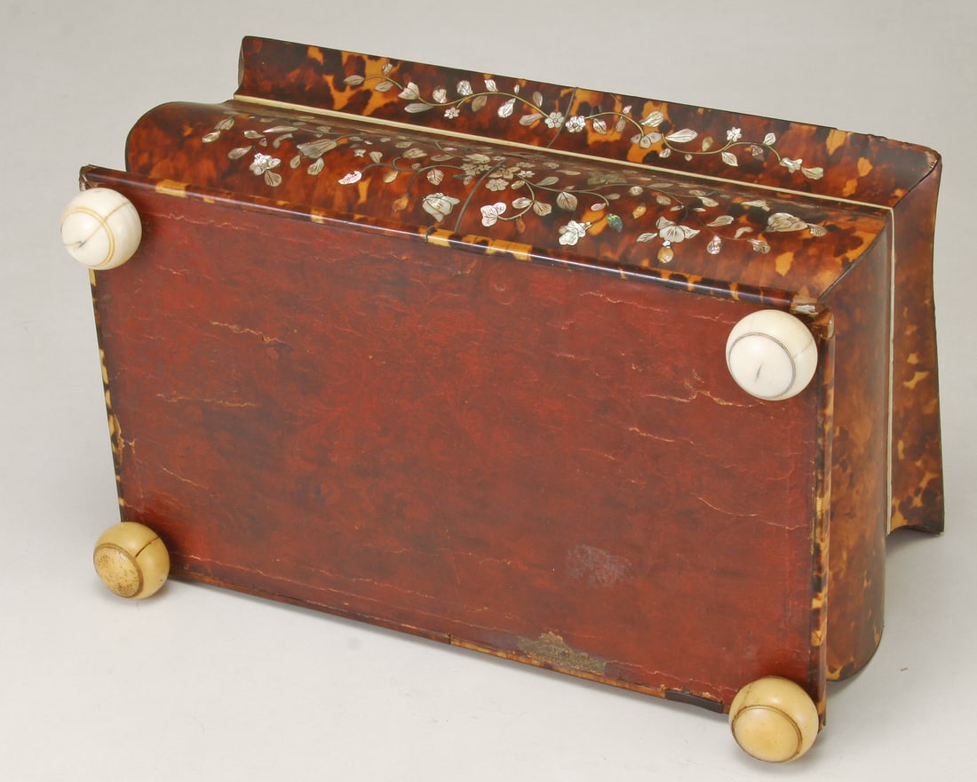 C1850 English Inlaid Tortoise Shell, Mother Of Pearl, Silver Sewing Box ...
