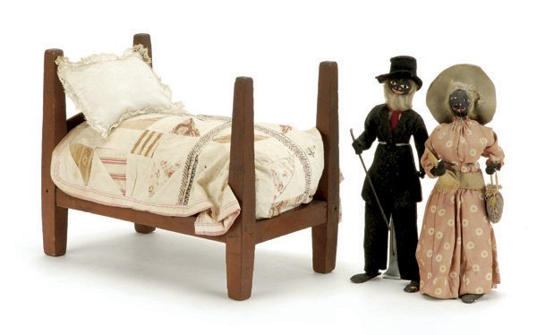 289: Lot: Early 4 Poster Bed and 2 Walnut Head Dolls