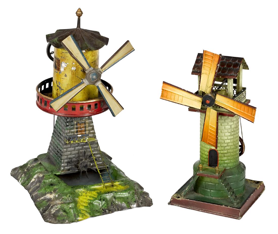 Two windmill steam toy accessories