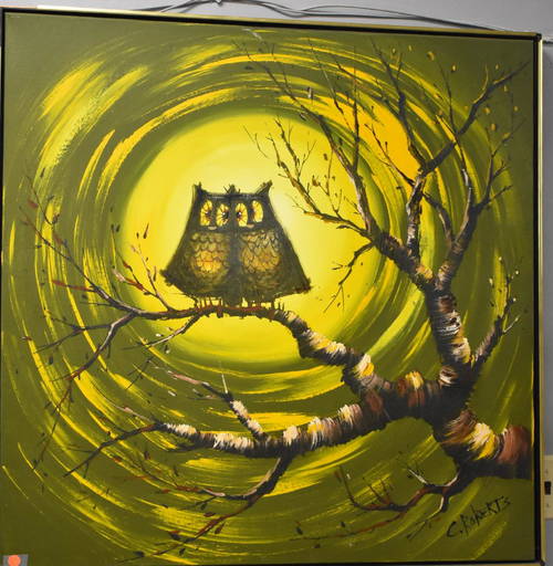 Pop Art Oil On Canvas Of Owls By C, Roberts