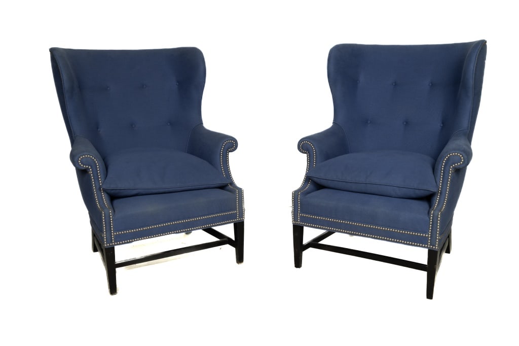 Pair Of Wingback Chairs In Blue Auction