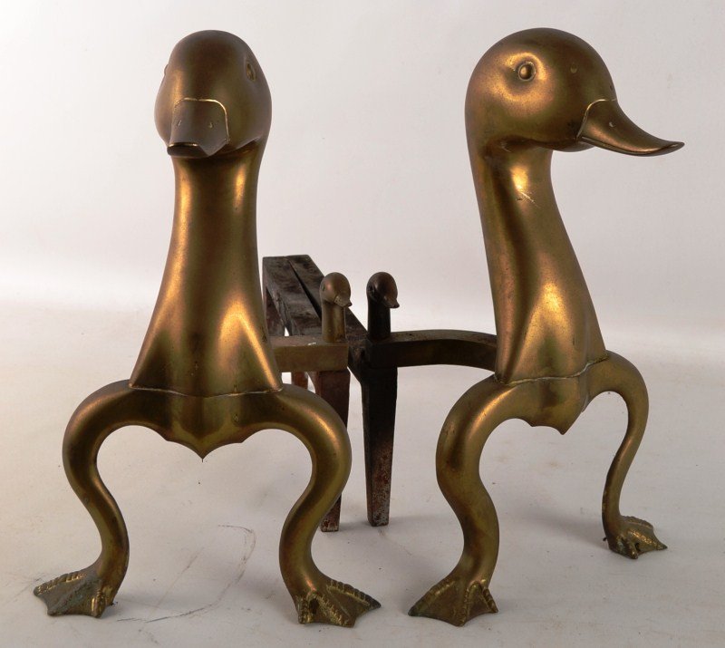 Pair of 20thC Brass Duck Andirons