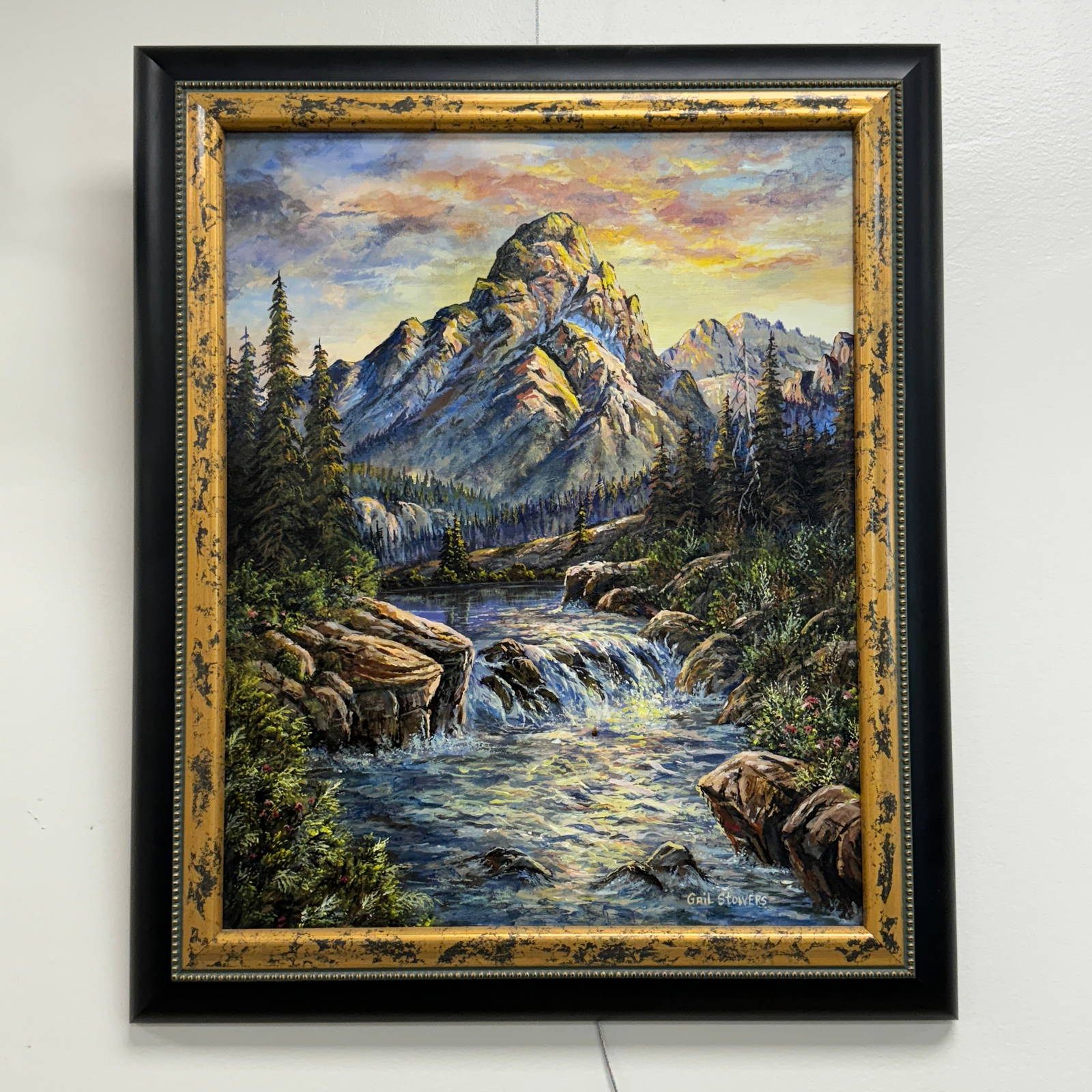 Gail Stowers Oil On Board Rocky Mtn River Scene Auction