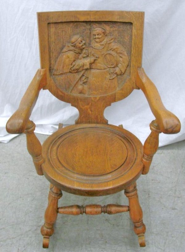 19c Oak Chip Carved Rocking Chair W/monks & Tavern