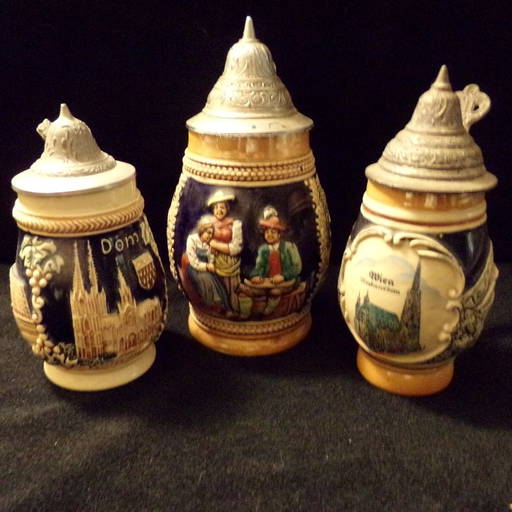 3 Antique German Beer Steins W Pewter Lids