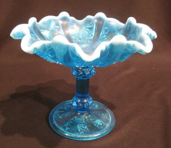 Blue pattern glass pedestal compote & blue glass vase
