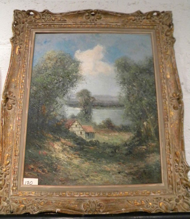 Willi Bauer Oil on Canvas Painting, Signed, Lake Scene