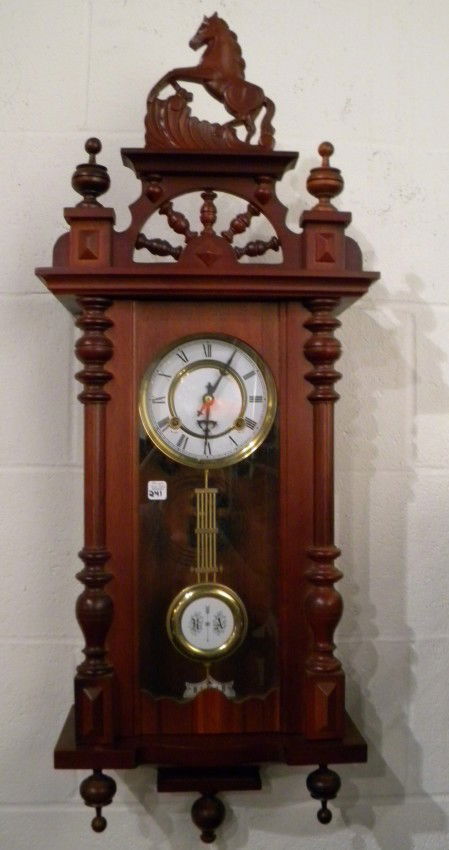 Wood Wall Clock w/Pendulum and Horse Finial