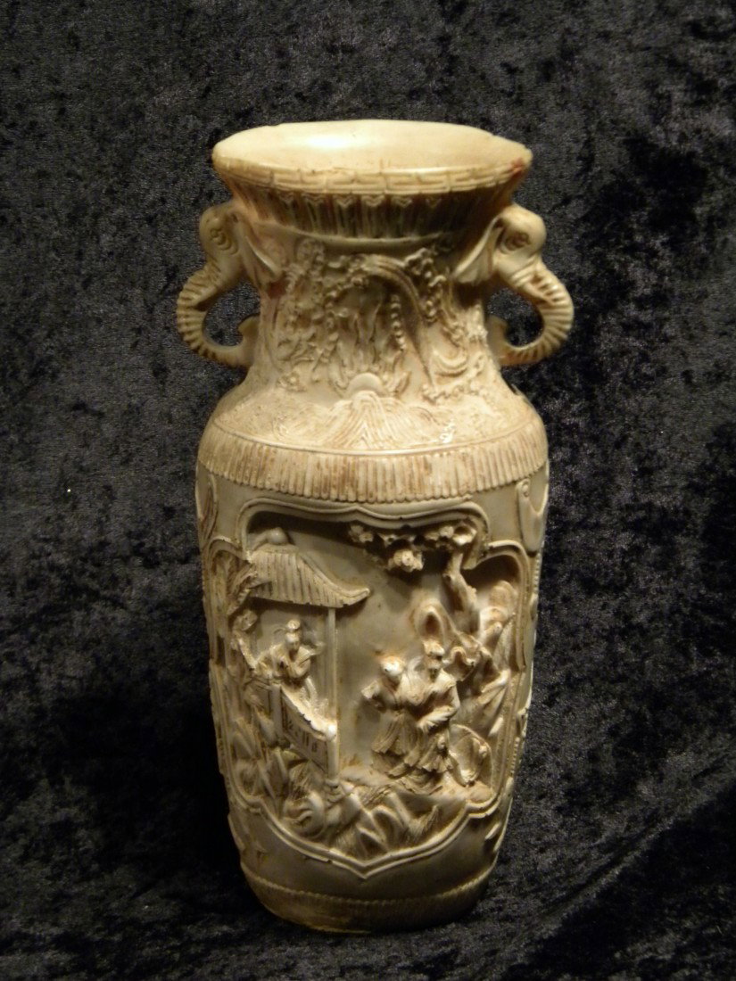 White Carved Bone Vase decorated with Oriental Scene