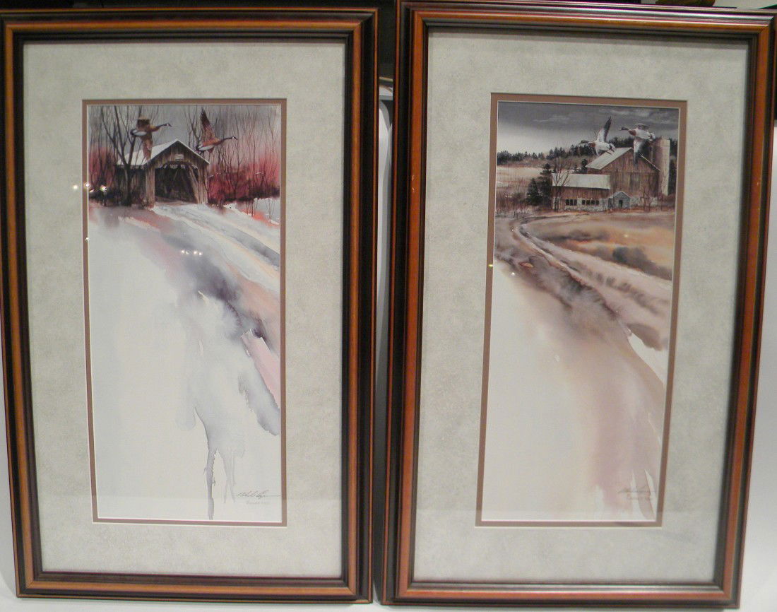2 Framed Mike Casper Prints Winter Scenes Pencil Signed