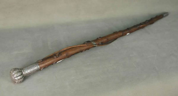 441: Chinese wood staff with a engraved silver head and : Lot 0441