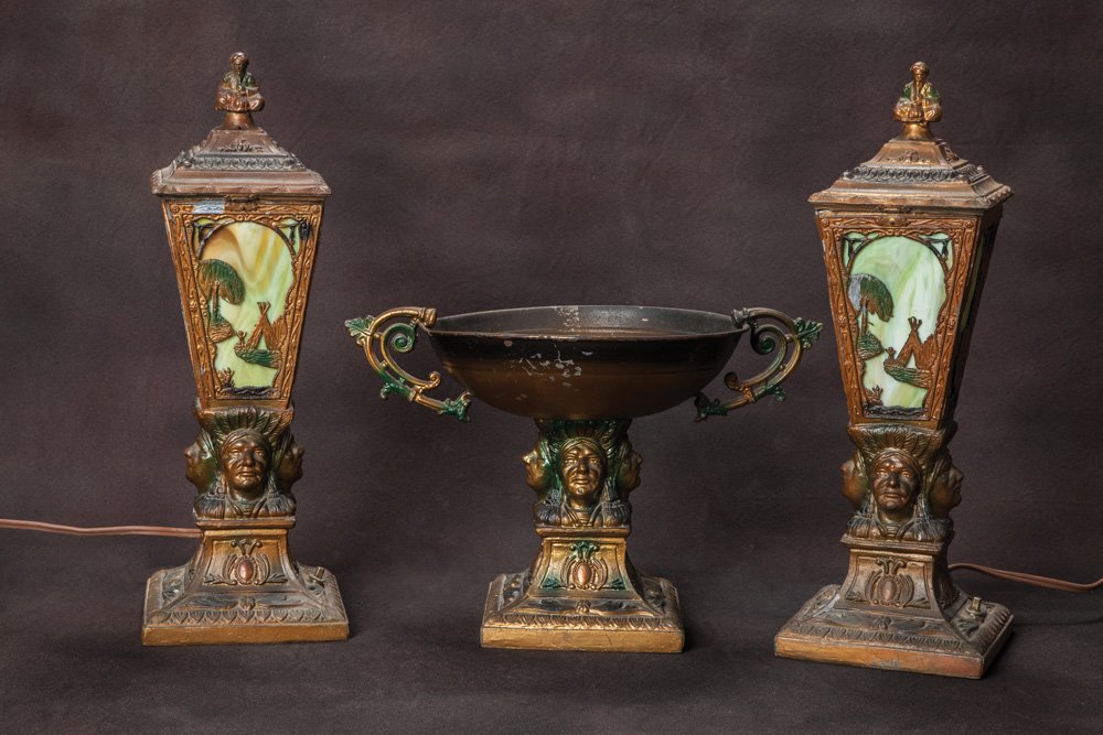 Art Deco Indian Head Lamp and Stand Set