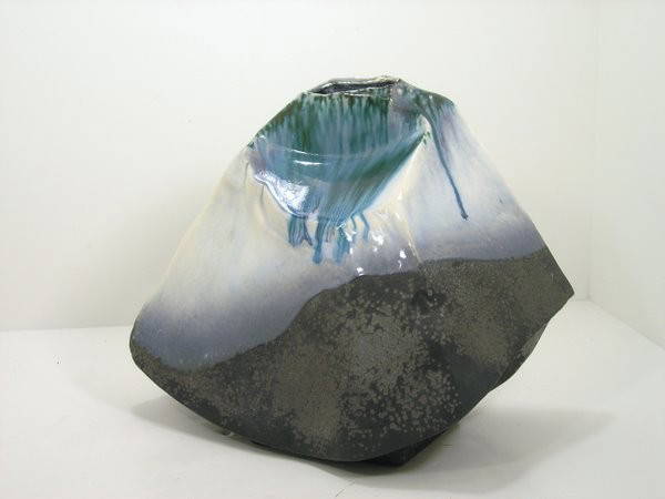 Large Blue Gray Raku Glaze Pottery Vase By Tony Ev