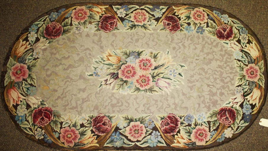 Mid 19th C Floral Pattern Oval Hooked Rug