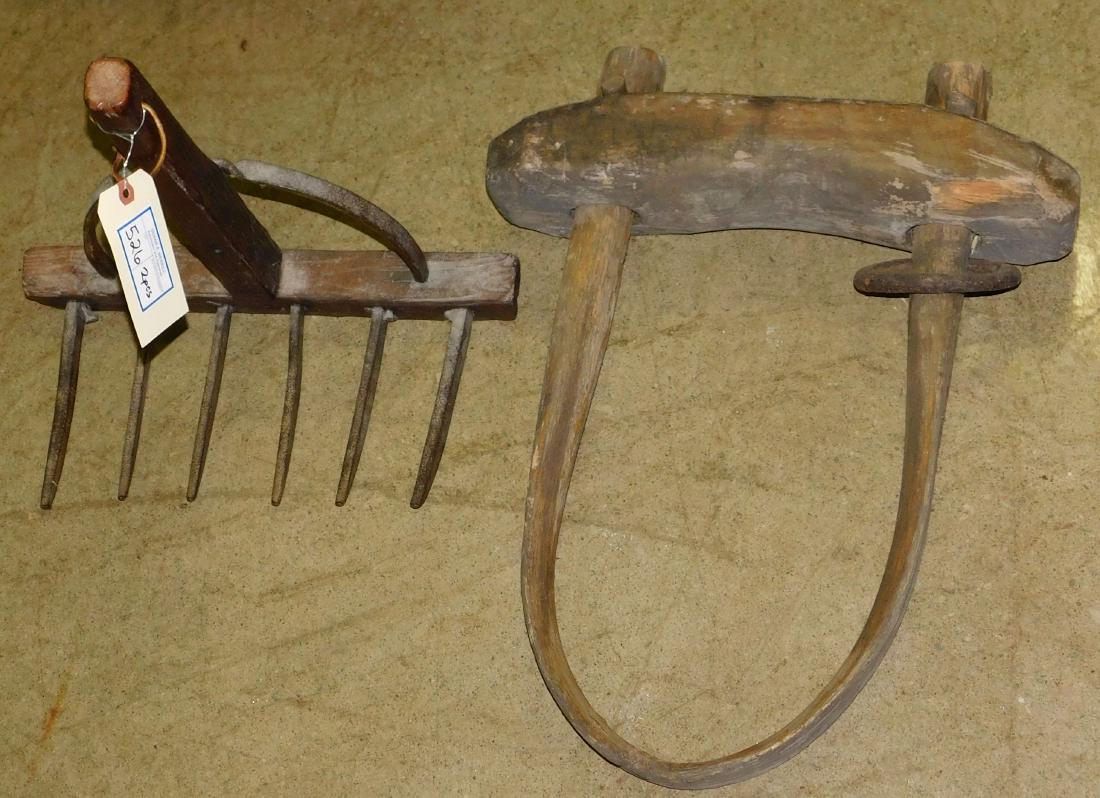 wood ox yoke and primitive iron spike rake