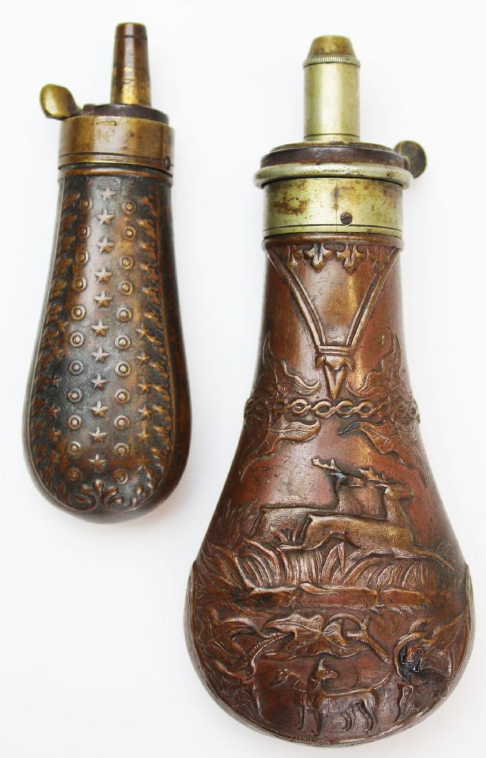 2 small 19th c powder flasks/ priming flasks