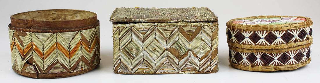 three Mi'kmaq porcupine quill decorated boxes
