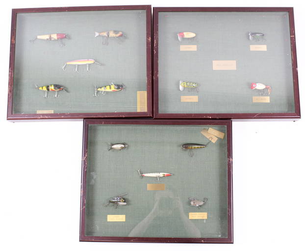 A Set Of 3 Modern Shadow Boxes With Vintage Lures