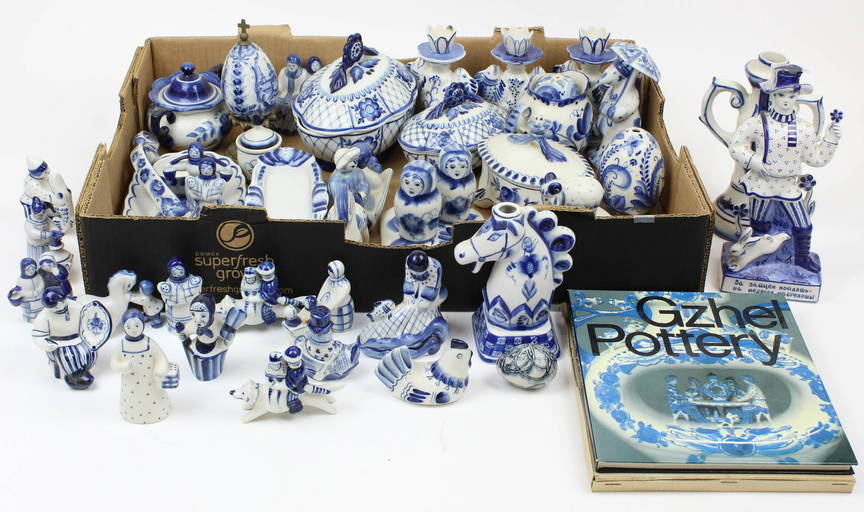 Collection Of Gzhel Russian Pottery