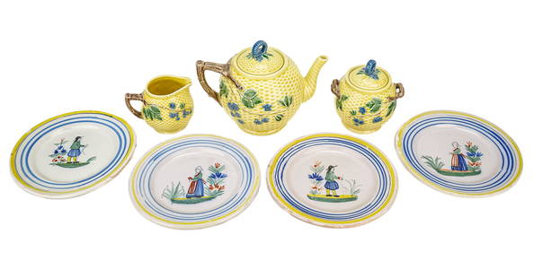 Tiffany Majolica Tea Set And 4 Quimper Plates