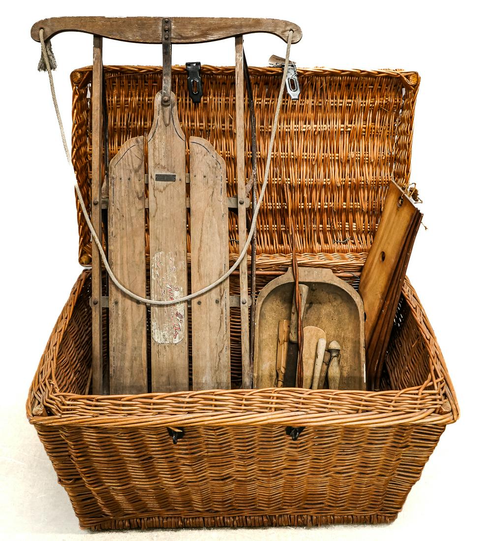 Wicker Trunk, Runner Sled, Kitchen Primitives Auction