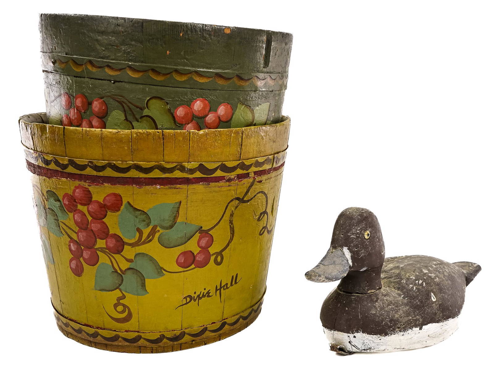 Dixie Hall Painted Sap Buckets, Duck Decoy Auction