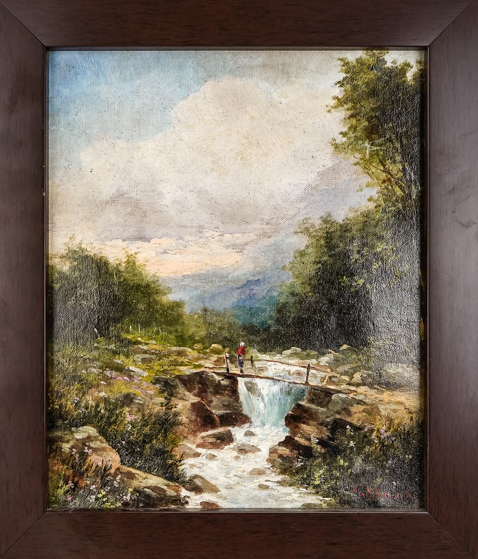 George Shaw (en 1843-1915) Landscape With Bridge Auction