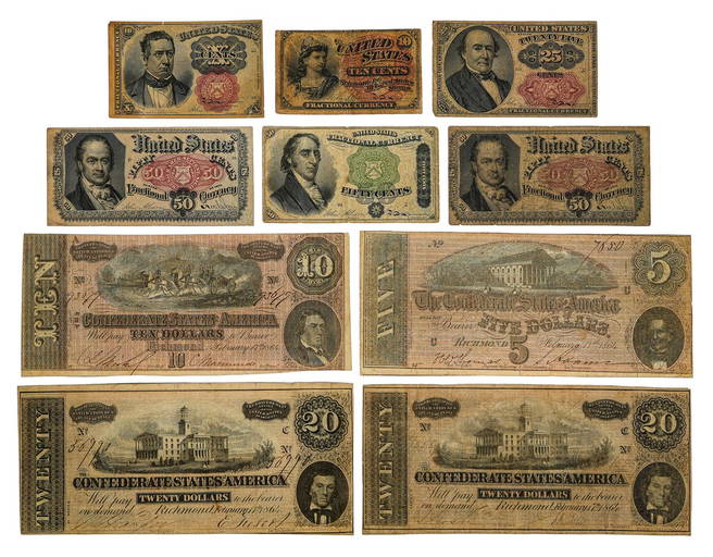 Us Civil War Confederate Banknotes, Fractional Currency