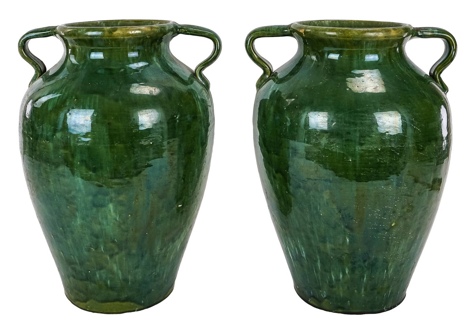 Pair Of Green Mottled Glaze Pottery Amphora Vases Auction