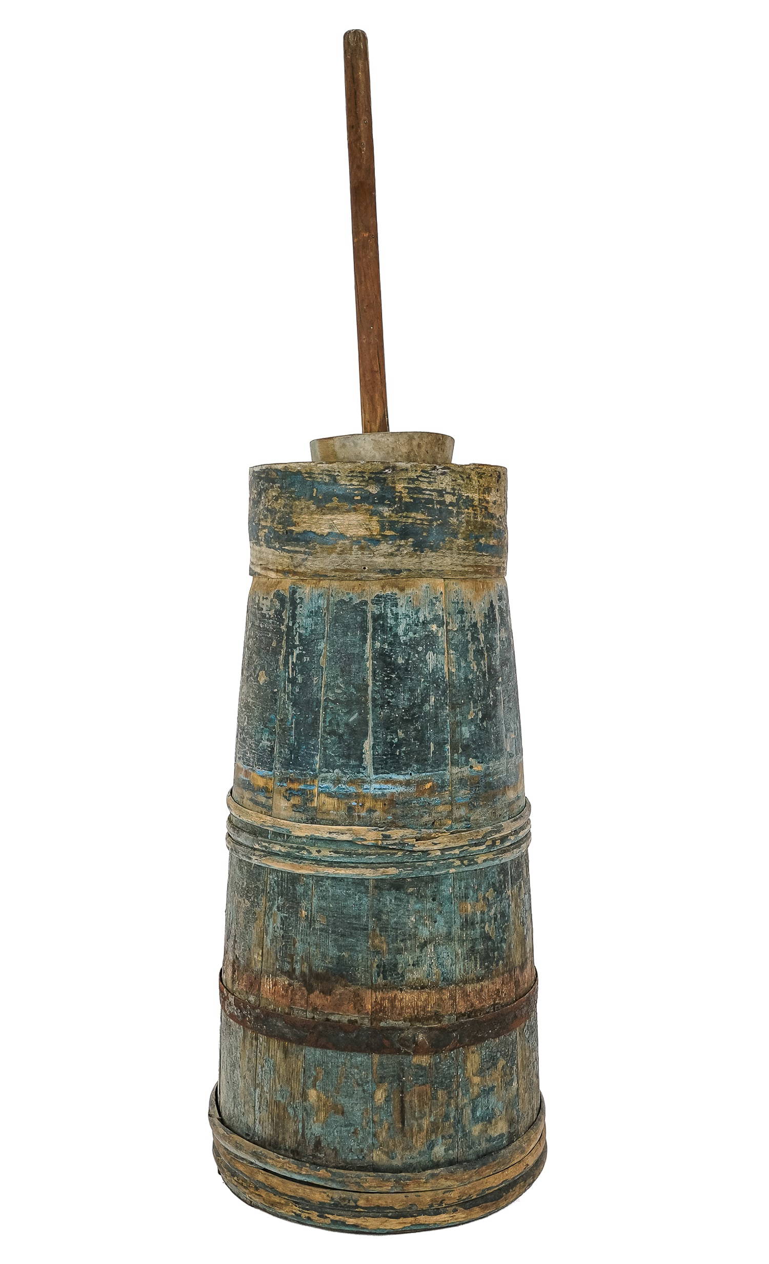 19th C Wooden Dasher Churn In Blue Paint Auction